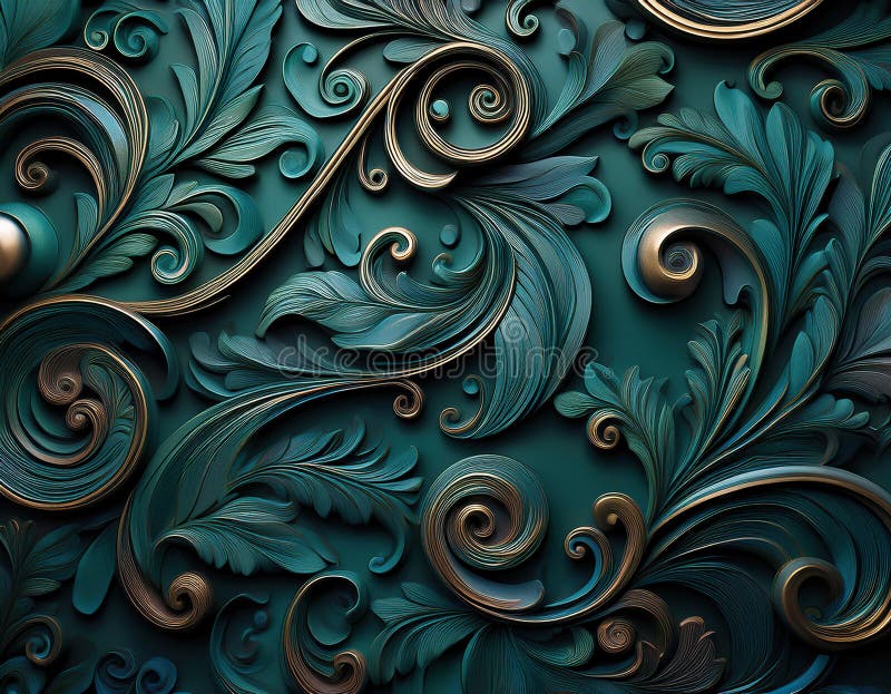 Intricate Ornate Scroll Design with Swirling Patterns in Deep Teal and ...