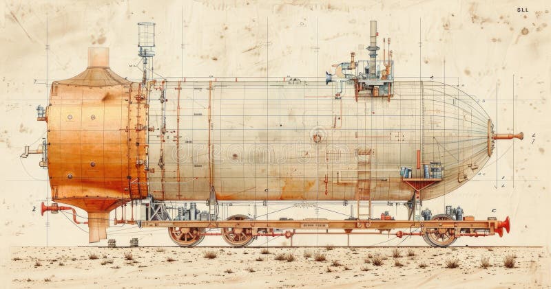 Steampunk Blueprint of an Imaginative Airship Design Set in a Dusty ...