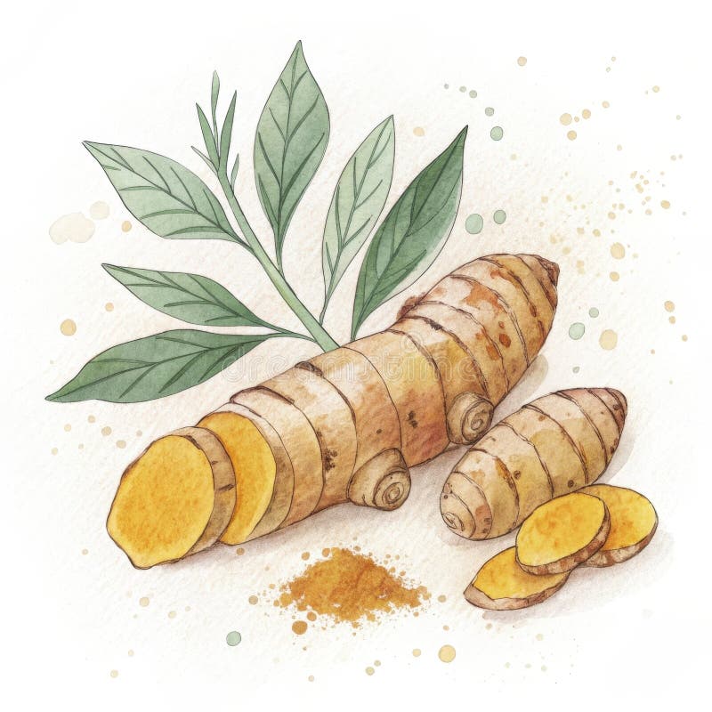 Turmeric Root Illustrated in Watercolor Showcasing Its Vibrant Autumn ...