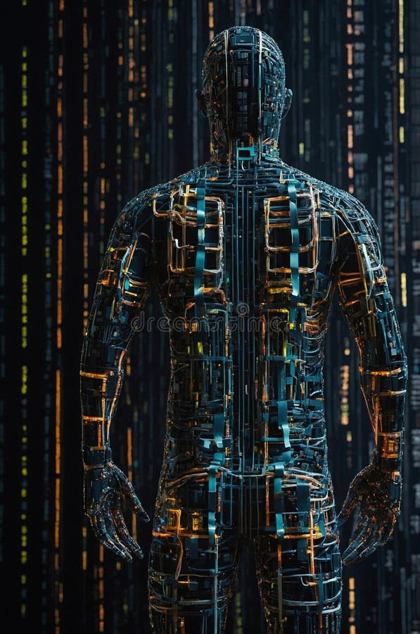 A Full Body Silhouette of a Man Formed by Digital Code Against a Dark ...