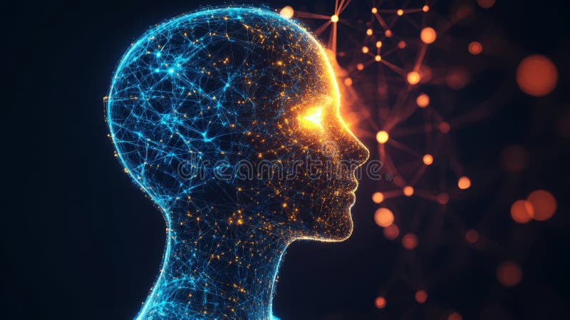 Humanoid Profile with Blue and Yellow Eyes and Vibrant Neural Network ...