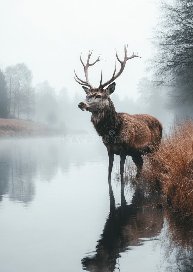 Stag in the Mist stock illustration. Illustration of winter - 365845248