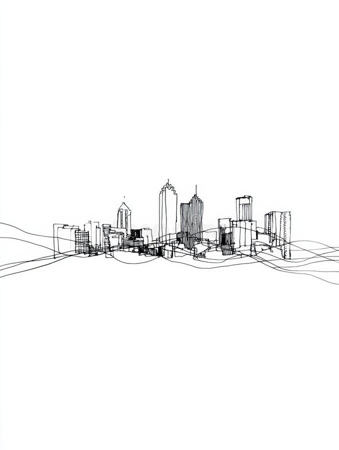 Continuous Line Drawing of an Urban Skyline Showcasing Architectural ...