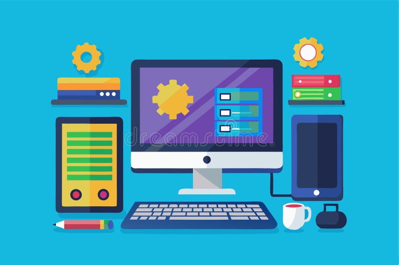 This Artwork Features a Modern Desktop Computer with Various Devices ...