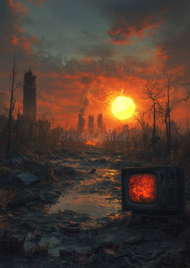 Retro TV in a Post-Apocalyptic Landscape Stock Illustration ...