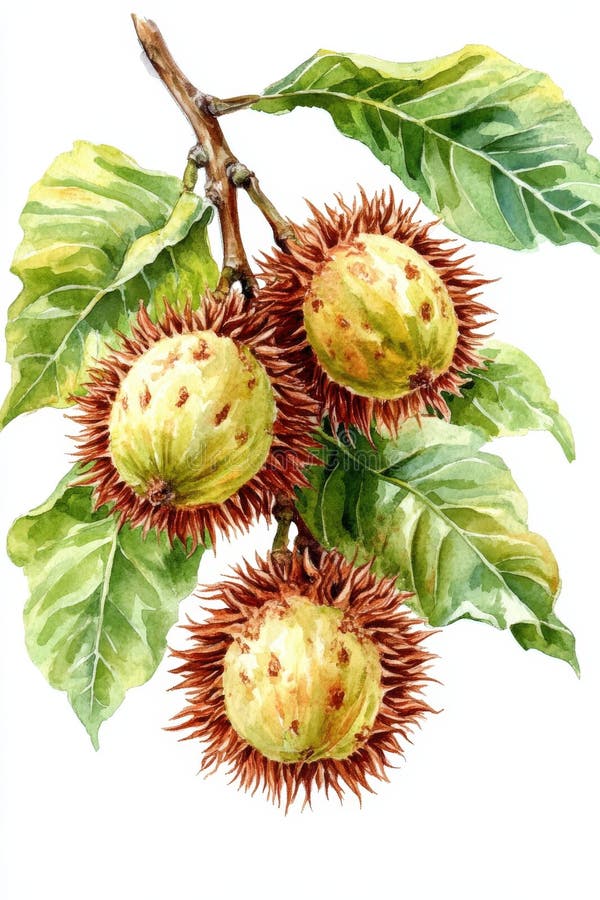 Detailed Illustration of Castanea Sativa Nuts with Leaves from Nature ...