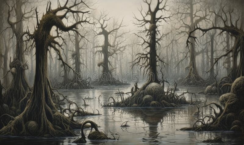 Painting of a Surreal and Eerie Flooded Forest Stock Illustration ...