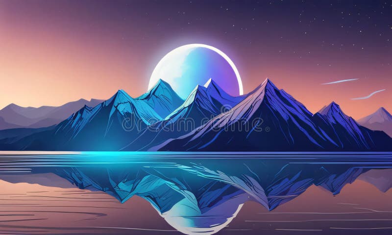 Silver and Blue Scene with Beautiful Glowing Mountains and a Glowing ...