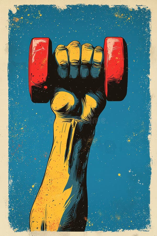Bold Illustration of a Raised Hand Gripping a Red Dumbbell Stock Image ...
