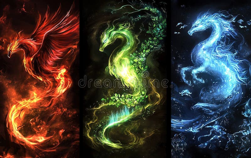 Artwork Featuring Three Magical Creatures Symbolizing Fire, Nature, and ...