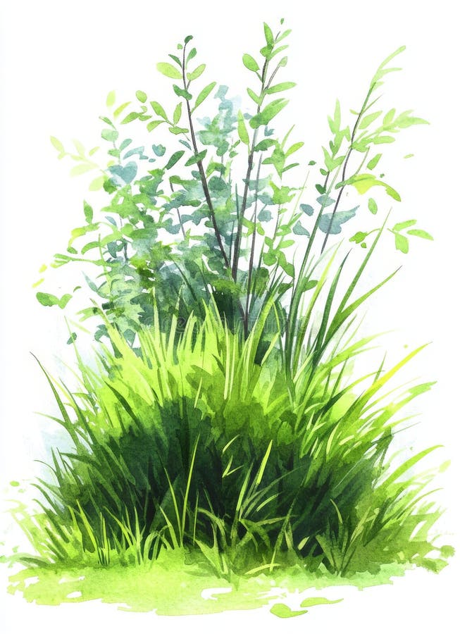 Artwork Featuring Watercolor Depictions of Green Grass and Bushes Stock ...