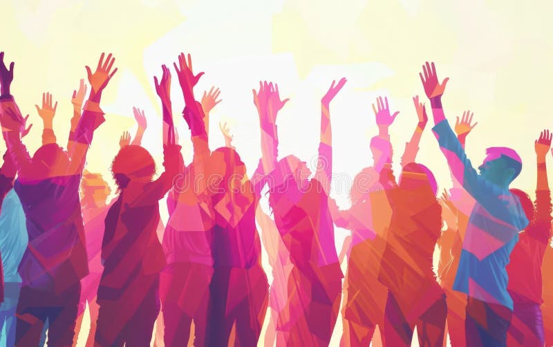 Artwork of a Group of People Celebrating with Raised Hands Symbolizing ...