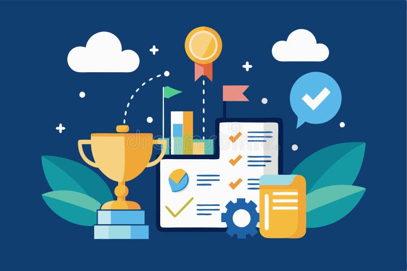 This Artwork Illustrates Business Success with a Trophy, Graphs, and ...