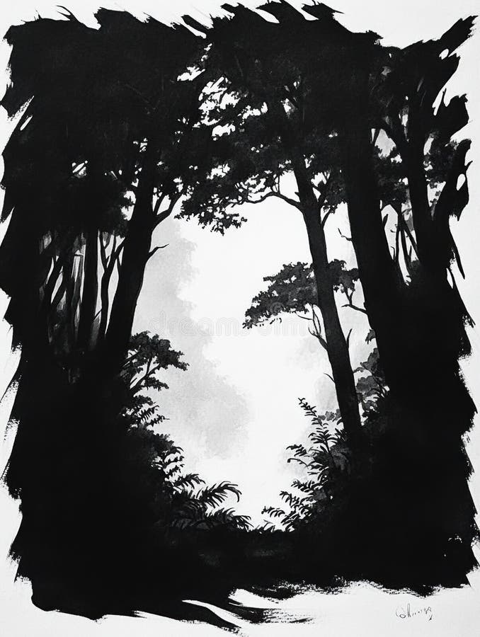 This Artwork Illustrates a Dense Forest with Finely Detailed Trees ...