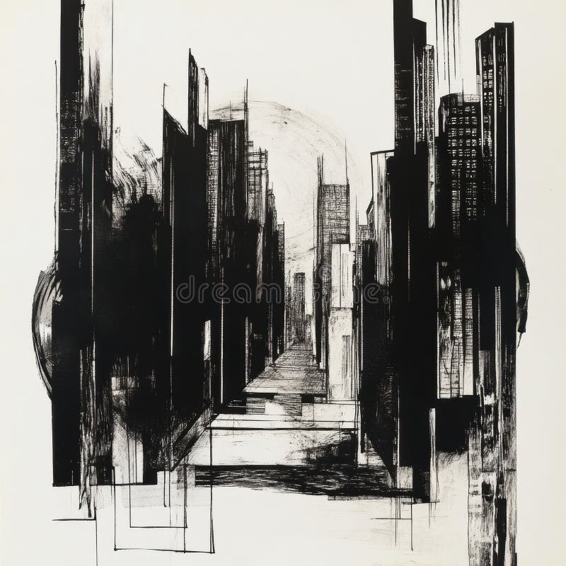 This Artwork Illustrates a Minimalist Urban Landscape in Black Ink ...