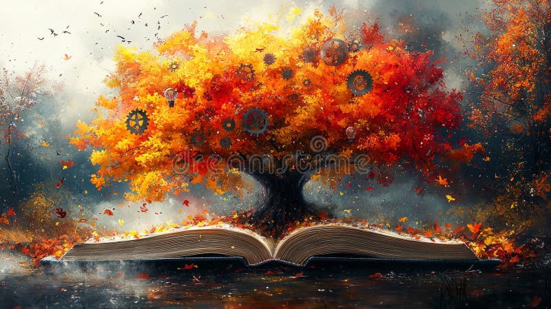 Artwork Illustrates Open Book Evolving Vibrant Tree Full Leaves and ... Artwork Illustrates Open Book Evolving Vibrant Tree Full Leaves and ...