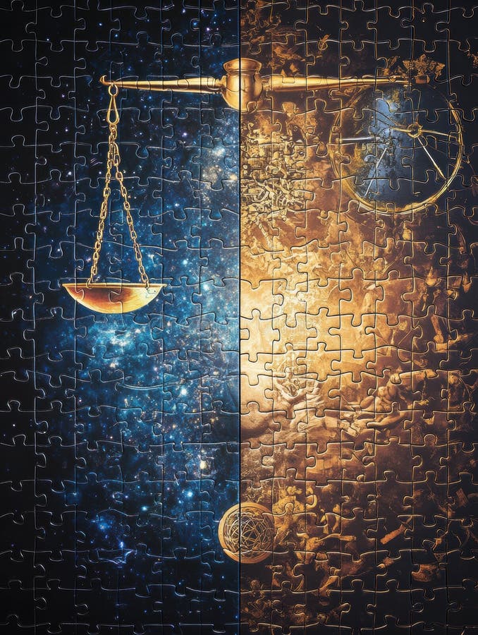 The Artwork Integrates Technological Symbols on One Side and Justice ...