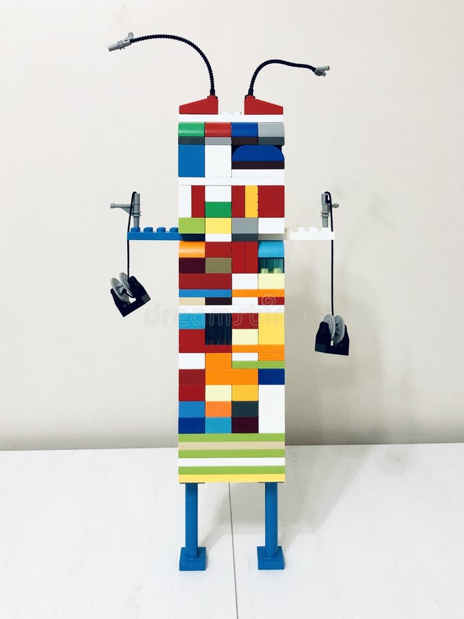 Artwork Modern Robot on White Background Colorful Bricks Installation ...
