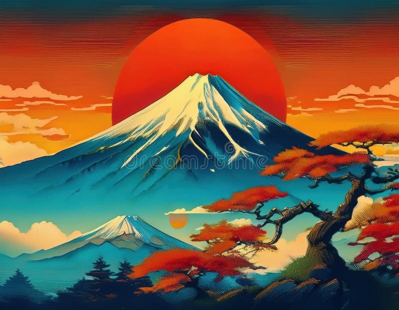 Artwork of Mount Fuji a Red Colors Stock Illustration - Illustration of ...