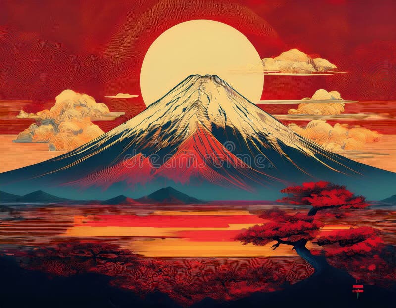 Artwork of Mount Fuji a Red Colors Stock Illustration - Illustration of ...