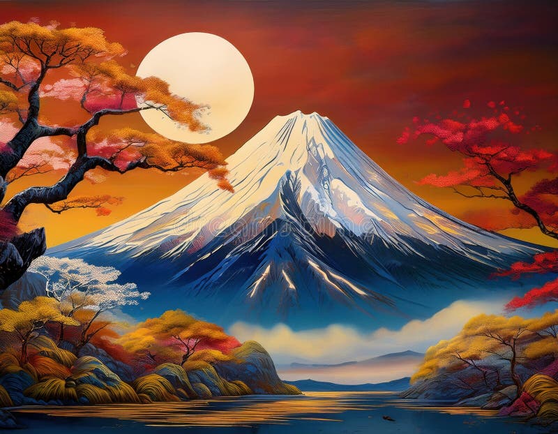 Artwork of Mount Fuji a Red Colors Stock Illustration - Illustration of ...