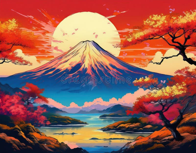 Artwork of Mount Fuji a Red Colors Stock Illustration - Illustration of ...