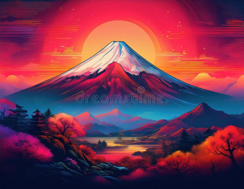 Artwork of Mount Fuji a Red Colors Stock Illustration - Illustration of ...
