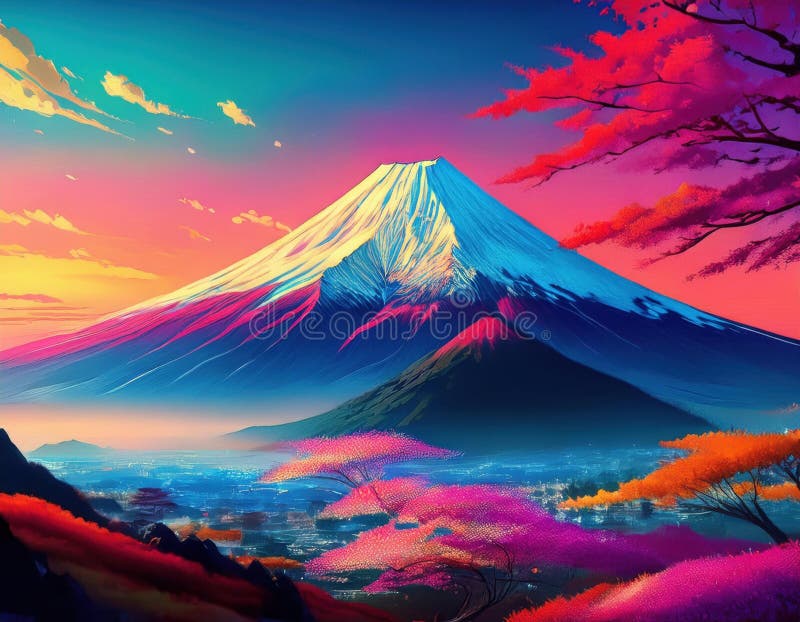 Artwork of Mount Fuji a Red Colors Stock Illustration - Illustration of ...
