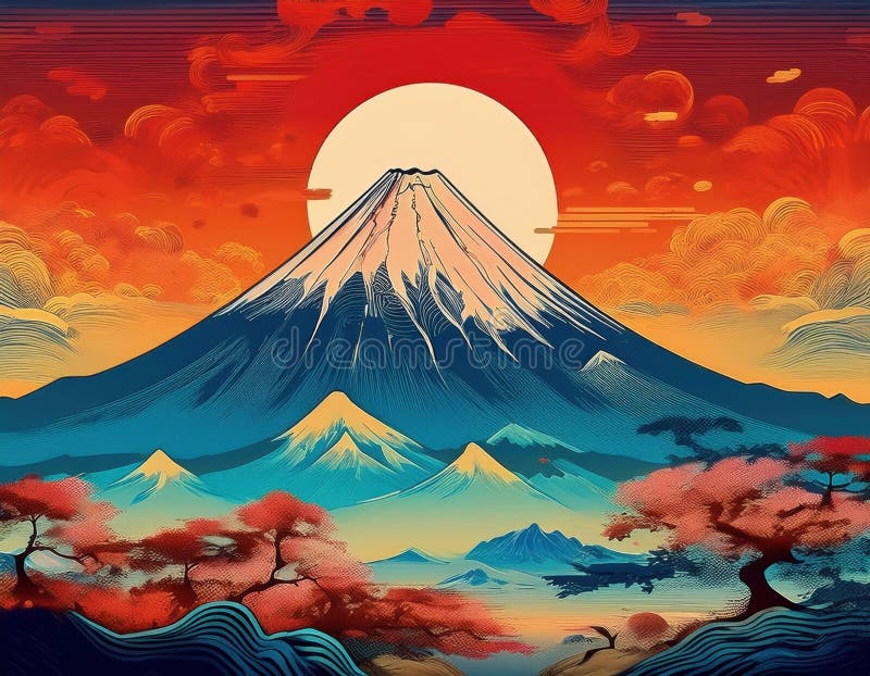 Artwork of Mount Fuji a Red Colors Stock Illustration - Illustration of ...