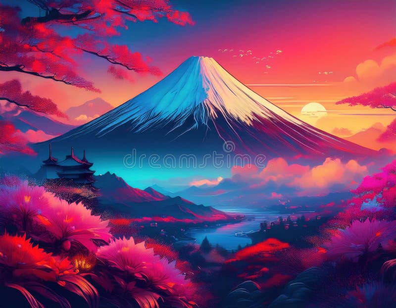 Artwork of Mount Fuji a Red Colors Stock Illustration - Illustration of ...