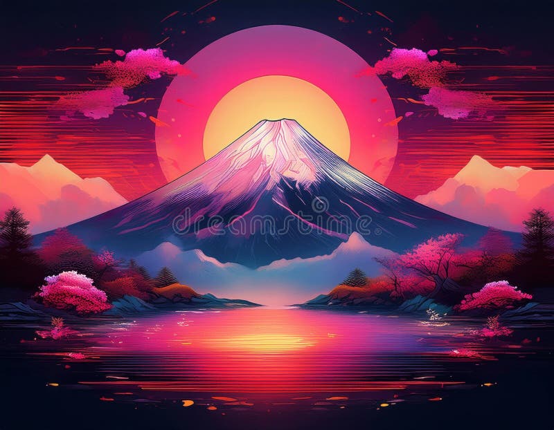 Artwork of Mount Fuji a Red Colors Stock Illustration - Illustration of ...