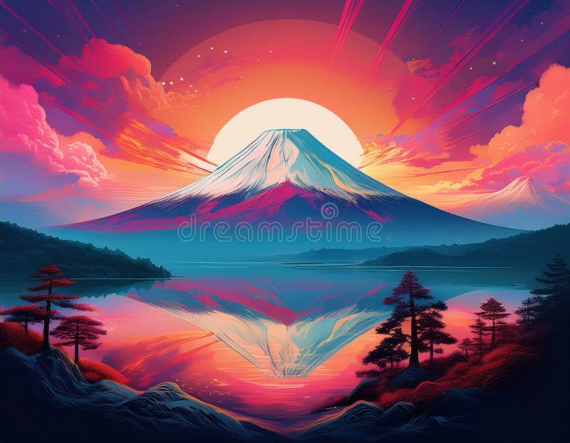 Artwork of Mount Fuji a Red Colors Stock Illustration - Illustration of ...