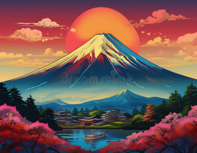 Artwork of Mount Fuji a Red Colors Stock Image - Image of clouds, color ...
