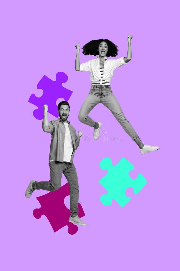 Artwork Photo Vertical Collage of Two Happy Girl Guy Stand Puzzle ...