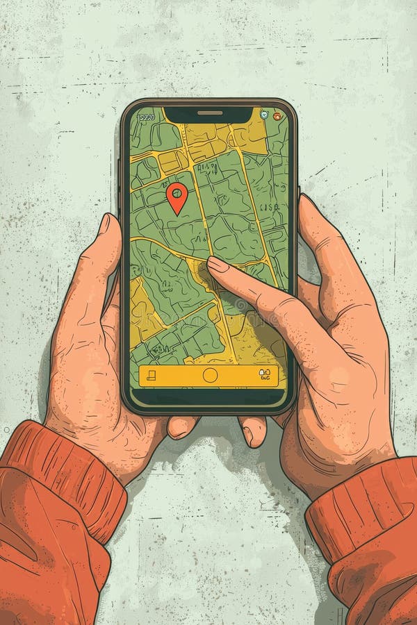 Illustration of Hands Using a Smartphone Map Application with a Marked Location Stock Image ...