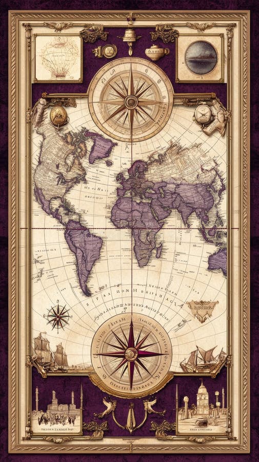 Vintage World Map Featuring Intricate Details and a Compass Design ...