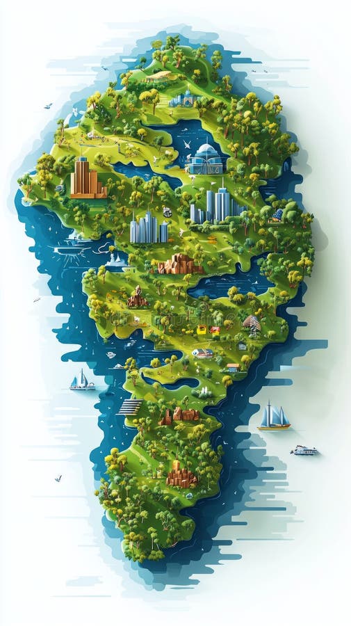 The Artwork Presents a Whimsical Map of an Island, Featuring Lush ...