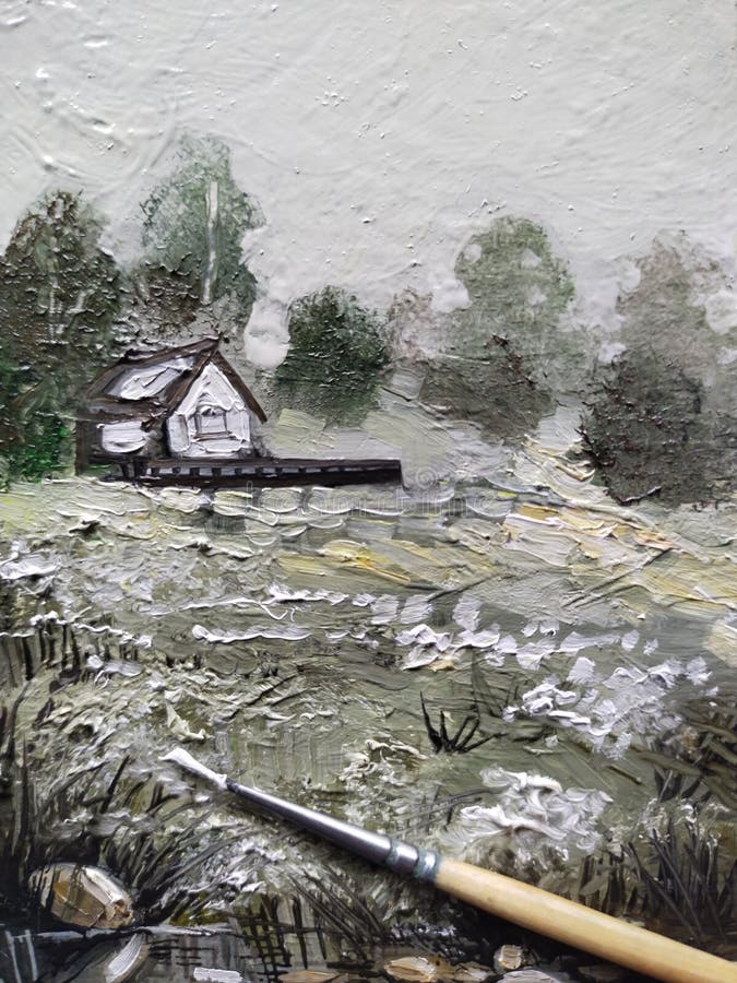 Artwork Process Landscape House Trees Artist Object Push Drawing Stock ...