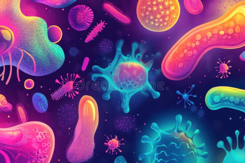 Colorful Illustration of Microscopic Microbes Showcasing Various Shapes ...