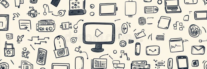 This Artwork Showcases Hand-drawn Doodles Featuring Various Technology ...
