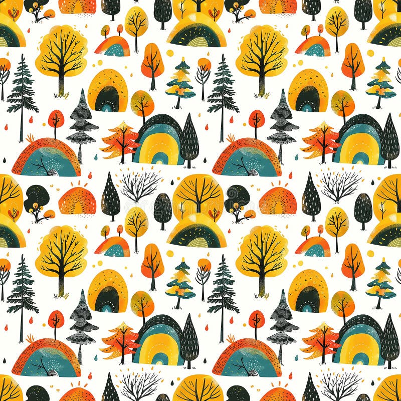 Vibrant Autumn Themed Pattern Featuring Trees, Hills, and Cheerful ...