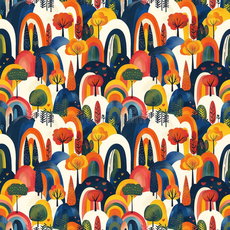 Vibrant Autumn Themed Pattern Featuring Trees, Hills, and Cheerful ...
