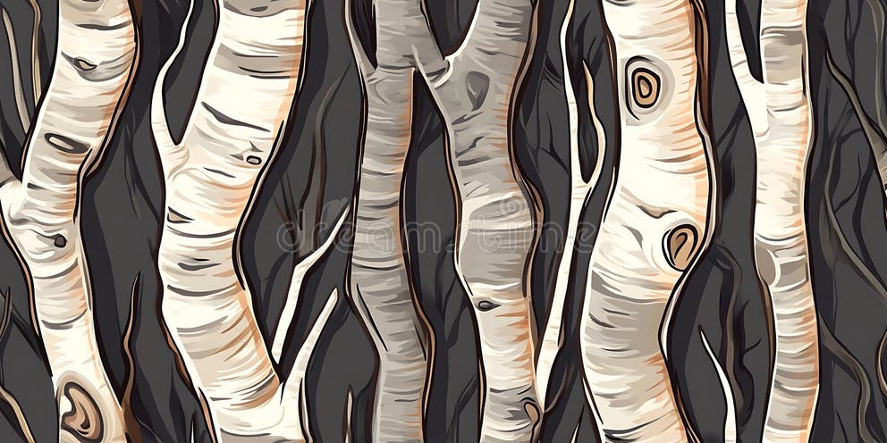 Stylized Seamless Repeat Pattern Featuring Birch Trees Against a Dark ...