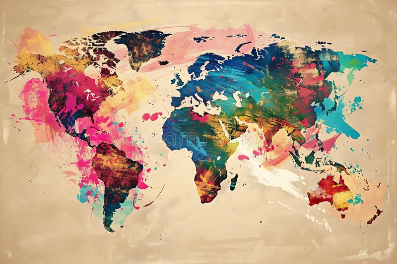 Vibrant Abstract World Map Painting in Bold Hues Stock Illustration ...