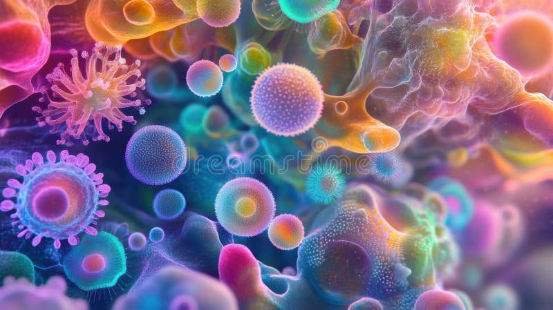 Colorful Microscopic Illustration Depicting Diverse Microbes in ...