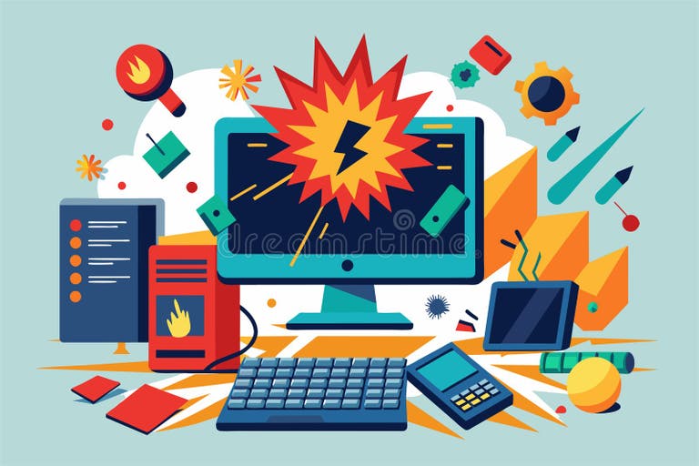 The Artwork Showcases Various Computer Damage Issues Using Colorful ...