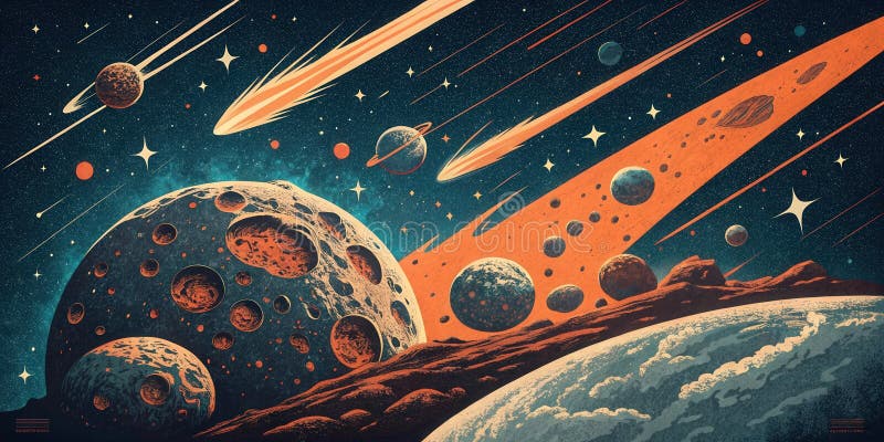 Futuristic Asteroid Day Themed Poster Featuring Retro Sci-fi Elements with Vibrant Dark Blue and ...