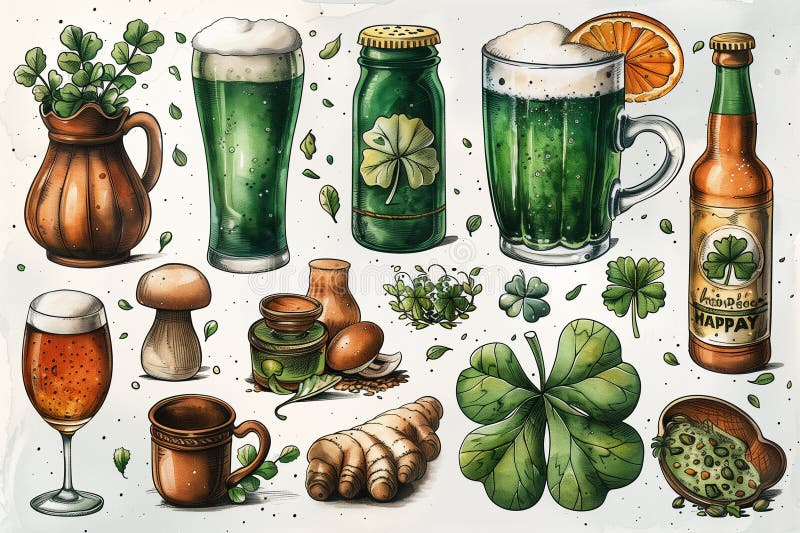 Artwork Showcasing an Array of Traditional Irish Beverages St. Patricks ...