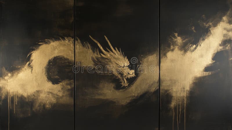 The Artwork on Three Panels Features a Golden Dragon Against a Dark ...