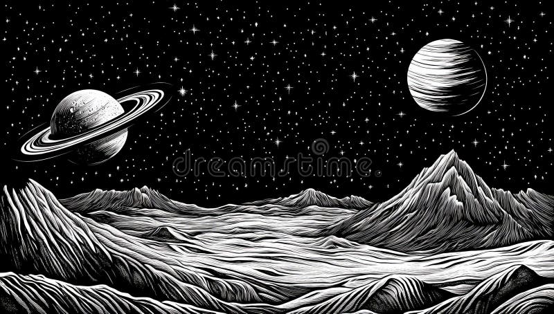 Artwork for Wallpaper Featuring a Calming Cosmic Scene in Line Art ...